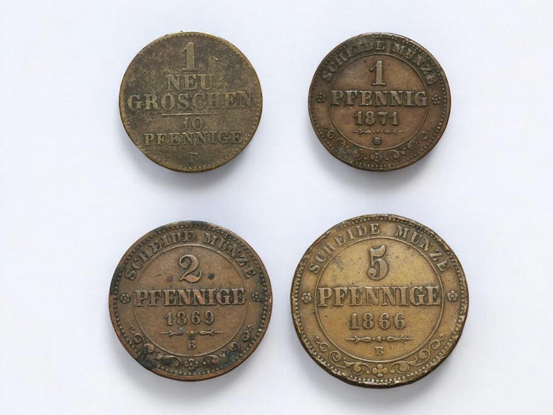 Old German Saxony Coins 1+2+5 Pfennige and 1 Silver Groschen 1860's ...
