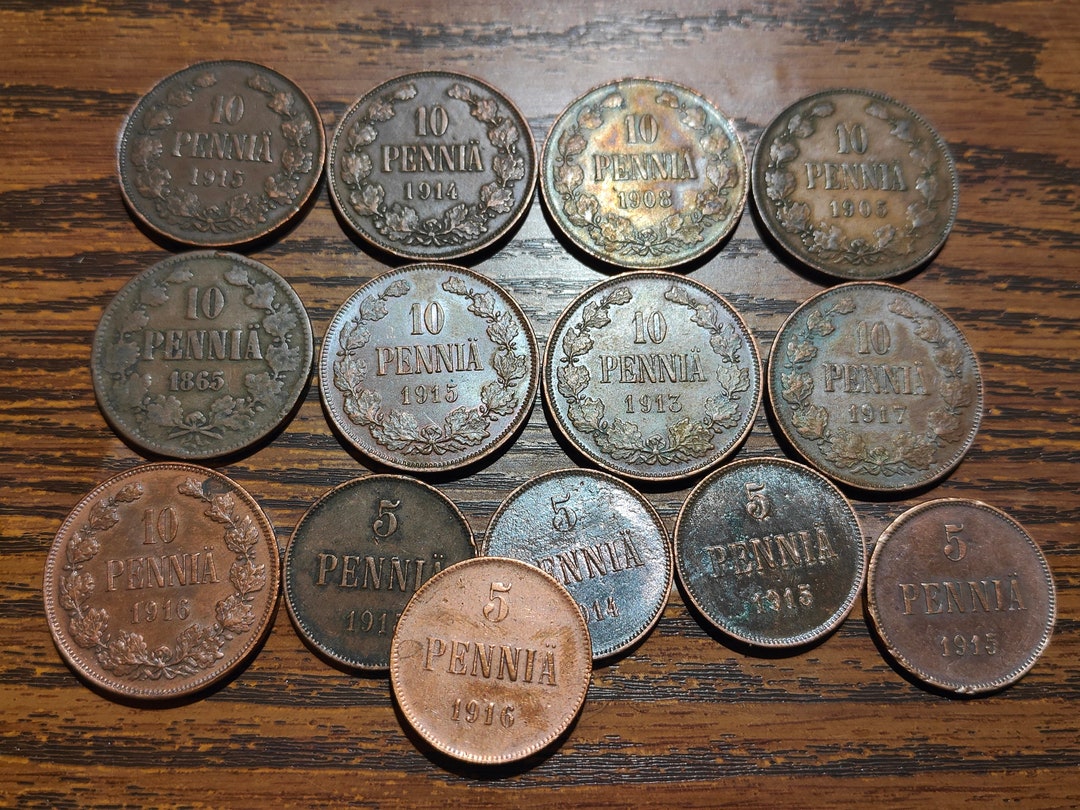 Finnish Russian Antique Lot of 14 Copper Coins Pennia Nicholas II and ...