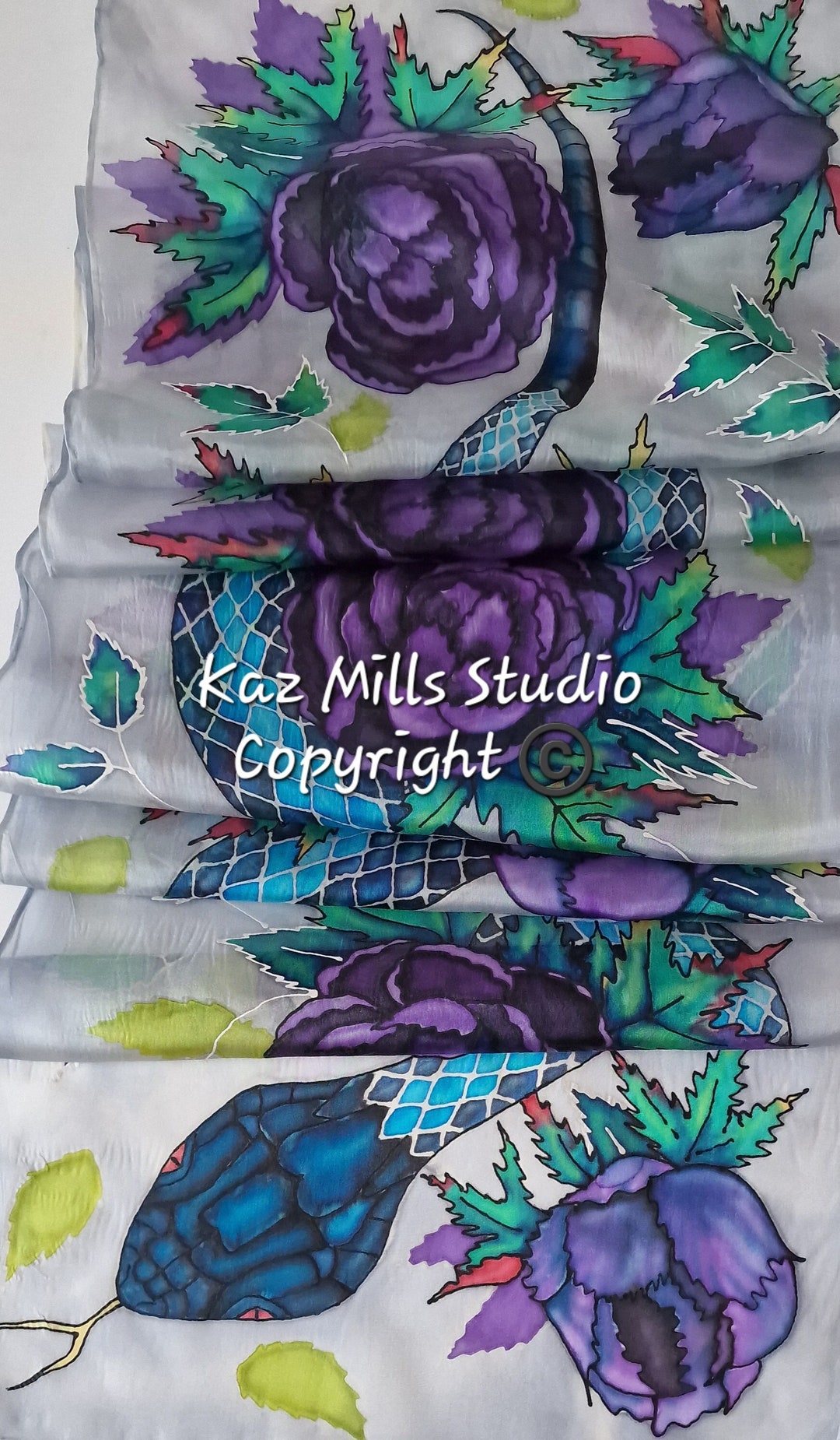 Art Scarf-batik Snake With Peonies-freehand Design/drawn/painted Exlong ...