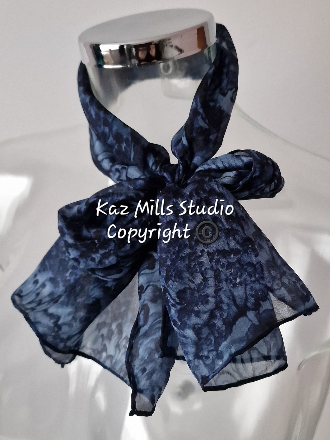 Hand Painted Silk Sm Neck Scarf-water Dance in Navy Blue Abstract ...