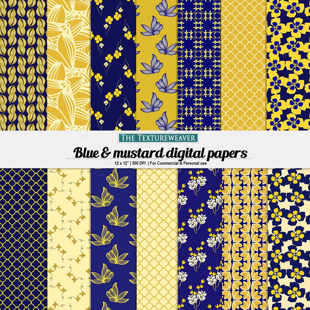 Blue Mustard Digital Papers-blue and Yellow Flower Backgrounds-royal ...