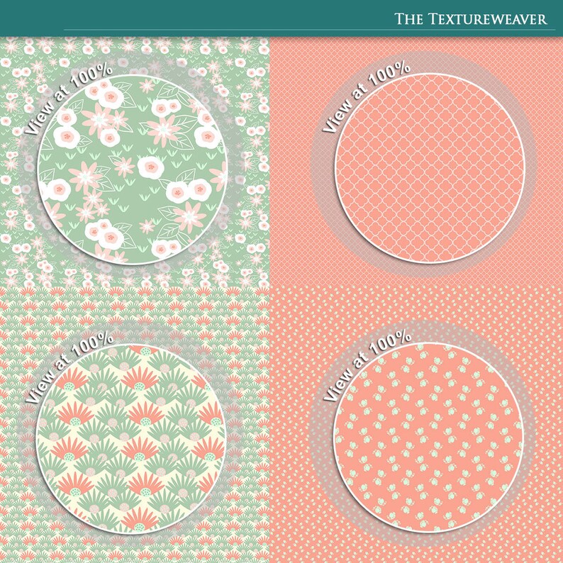 Digital Papers Mint and Coral-shabby Chic Quatrefoil-flower-butterflies ...