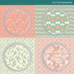Digital Papers Mint and Coral-shabby Chic Quatrefoil-flower-butterflies ...
