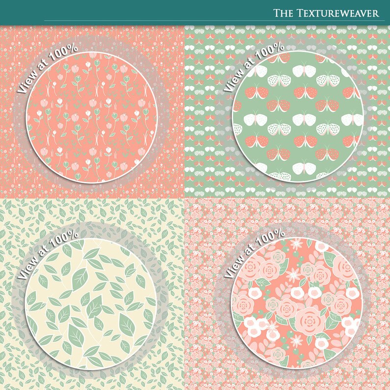Digital Papers Mint and Coral-shabby Chic Quatrefoil-flower-butterflies ...