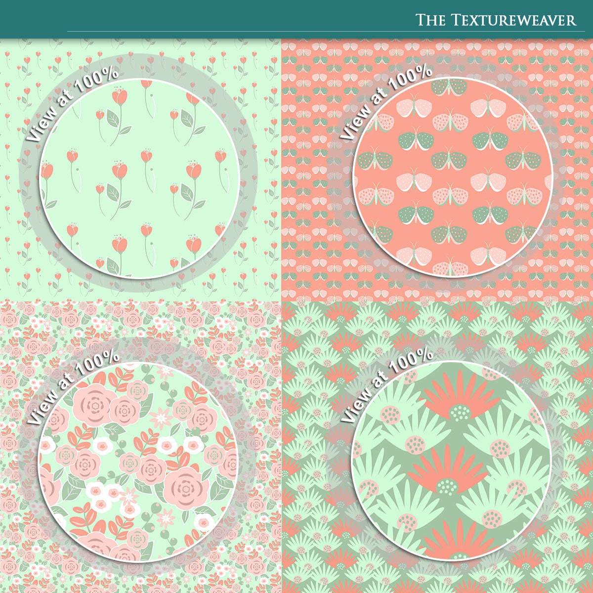 Digital Papers Mint and Coral-shabby Chic Quatrefoil-flower-butterflies ...
