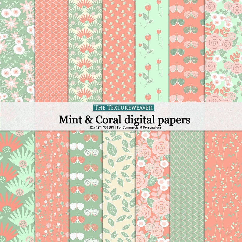 Digital Papers Mint and Coral-shabby Chic Quatrefoil-flower-butterflies ...