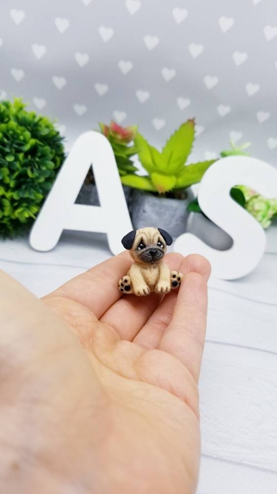Tiny Pug Figurine, Handmade Polymer Clay Sculpture, Dog Lover Desk ...