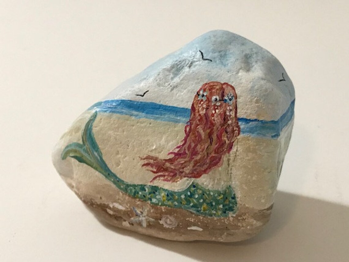 Mermaid Painted Rock, Mermaid on the Beach Hand Painted Stone, Unique ...