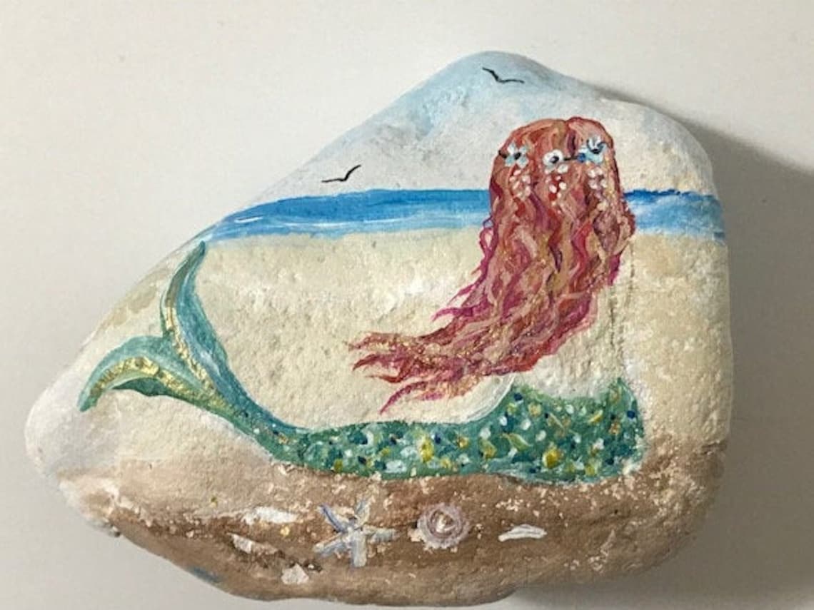 Mermaid Painted Rock Mermaid on the Beach Hand Painted Stone | Etsy