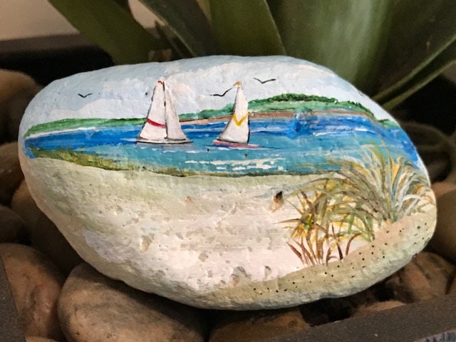 Painted Sailboat Themed Rock, Gift Message on Rock, Rock Art, Painted ...
