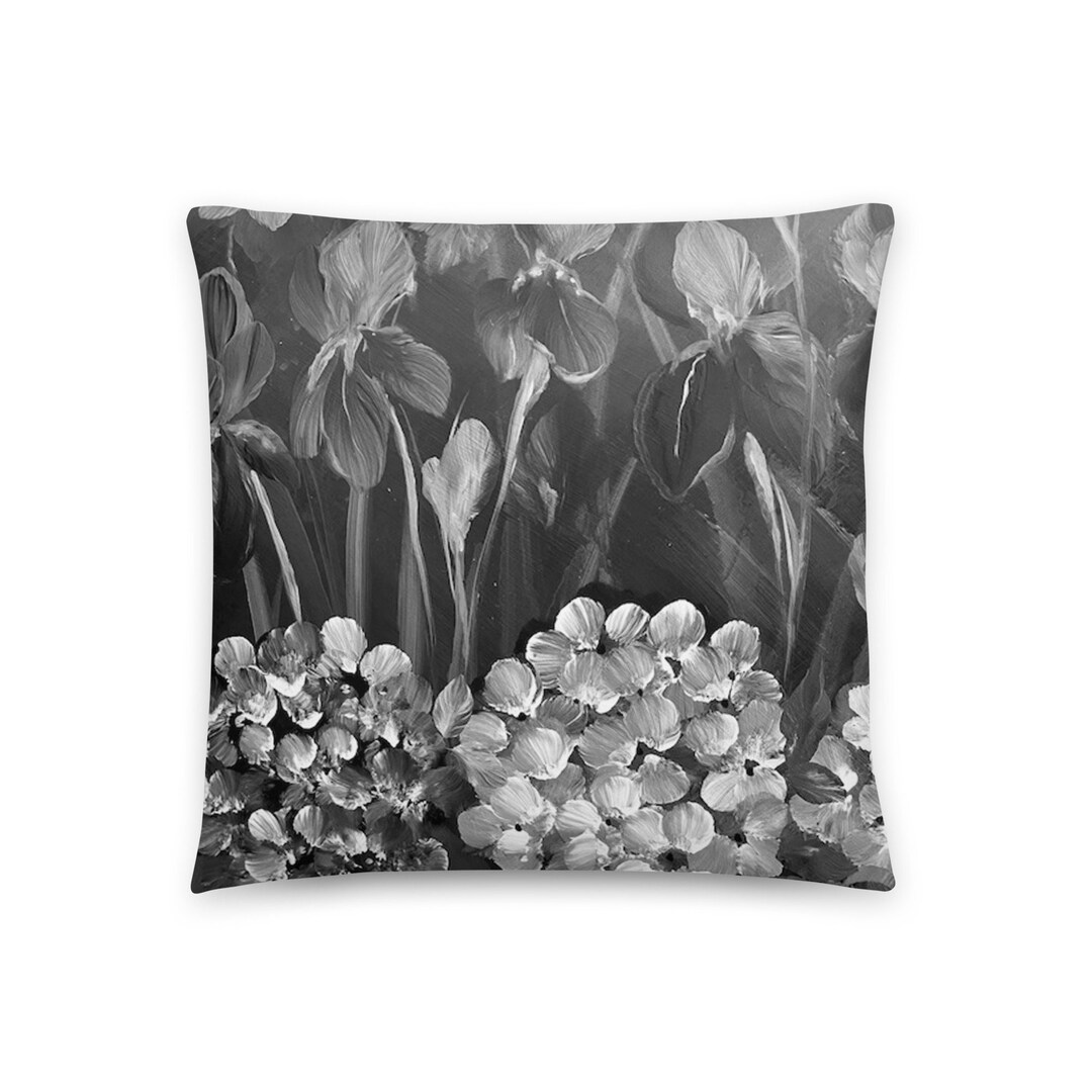 Black and White Iris and Hydrangea Art Print Accent Pillow, Unique ...