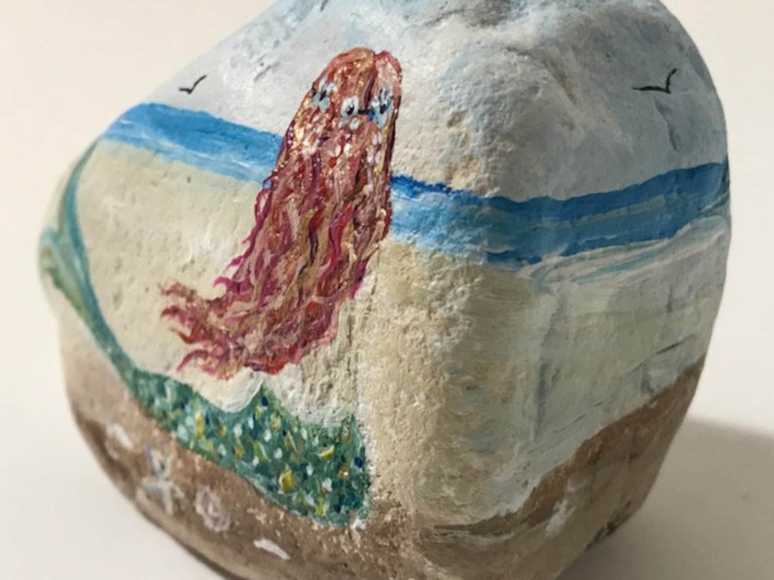 Mermaid Painted Rock, Mermaid on the Beach Hand Painted Stone, Unique ...