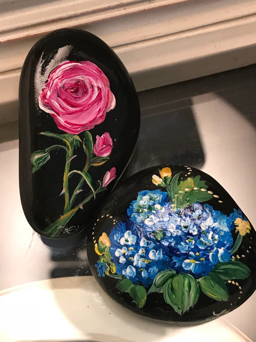 Painted Rocks, Flowers on Rocks, Rose Painted Rock, Blue Hydrangeas ...