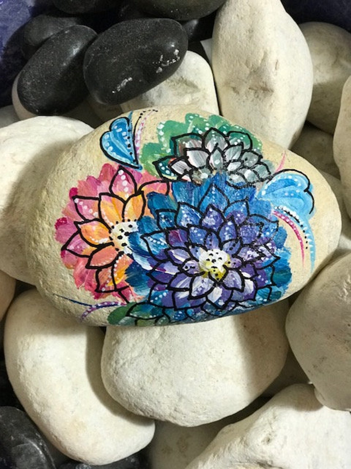 Painted Rocks, Boho Style Painted Rocks, Unique Flowers Painted on ...
