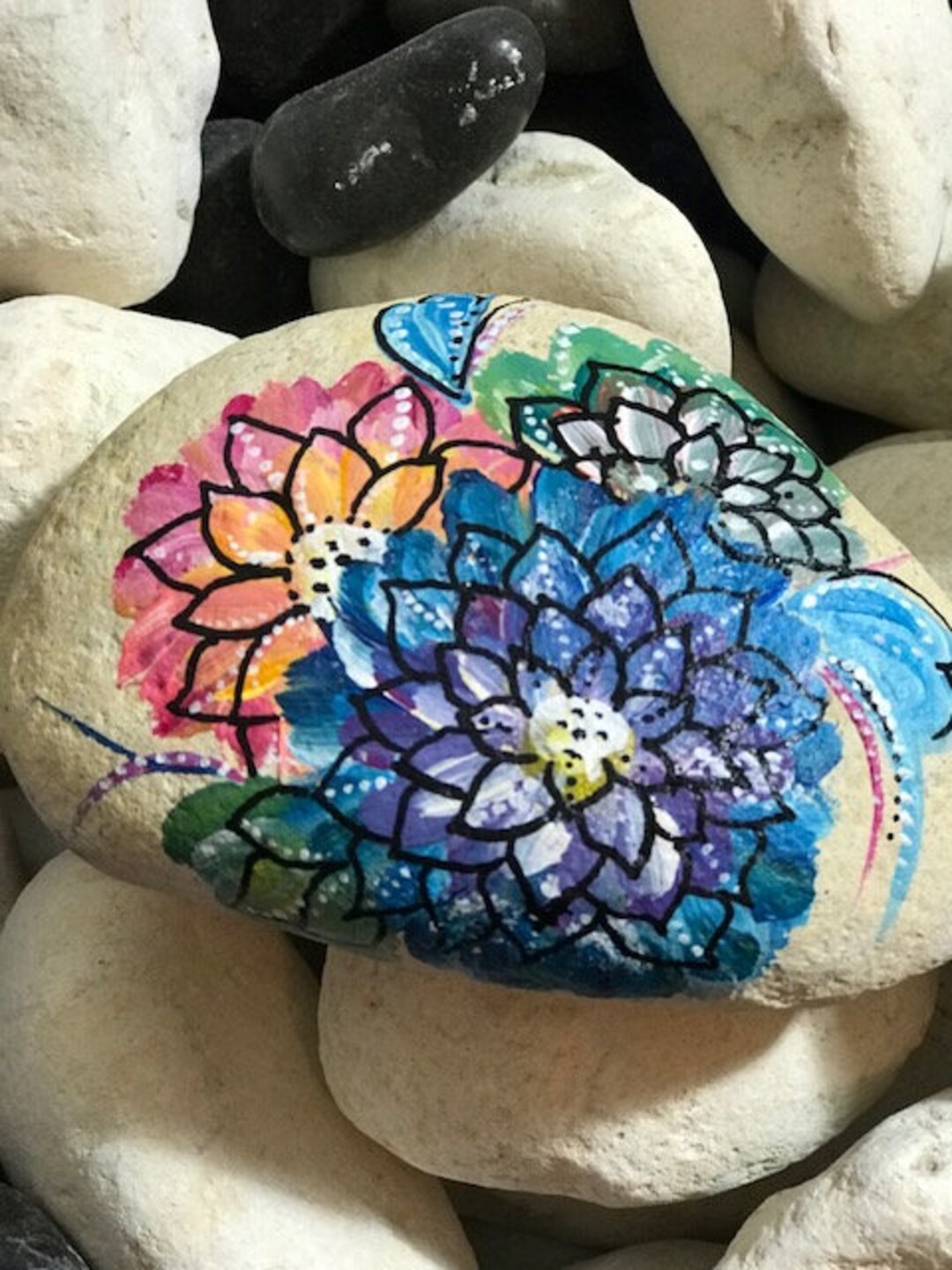 Painted Rocks, Boho Style Painted Rocks, Unique Flowers Painted on ...