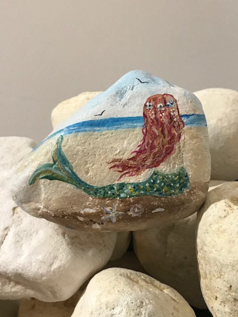 Mermaid Painted Rock, Mermaid on the Beach Hand Painted Stone, Unique ...