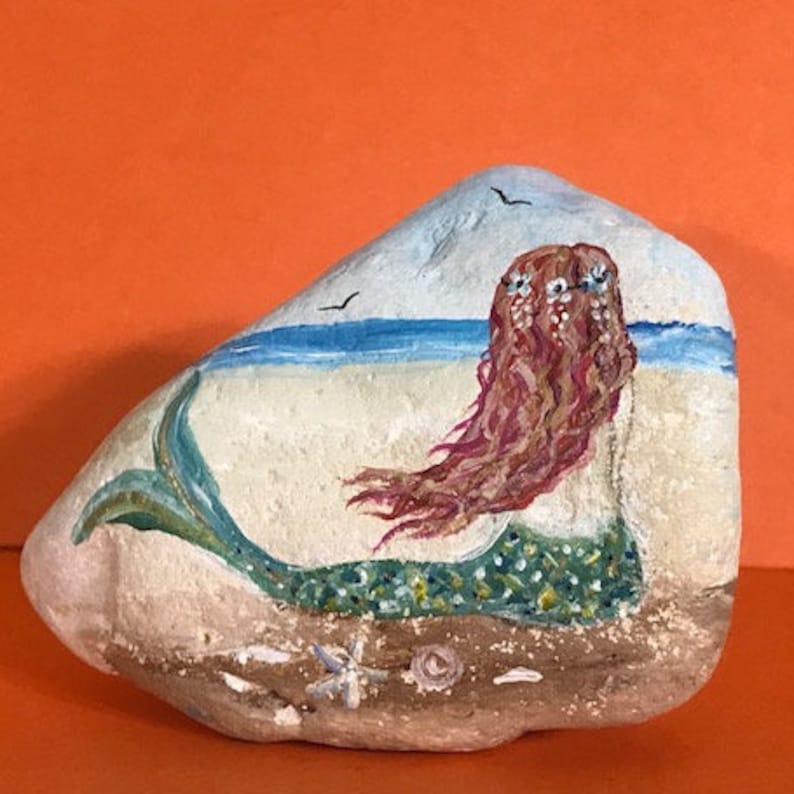 Mermaid Painted Rock, Mermaid on the Beach Hand Painted Stone, Unique ...