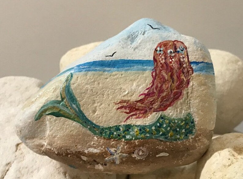 Mermaid Painted Rock, Mermaid on the Beach Hand Painted Stone, Unique ...