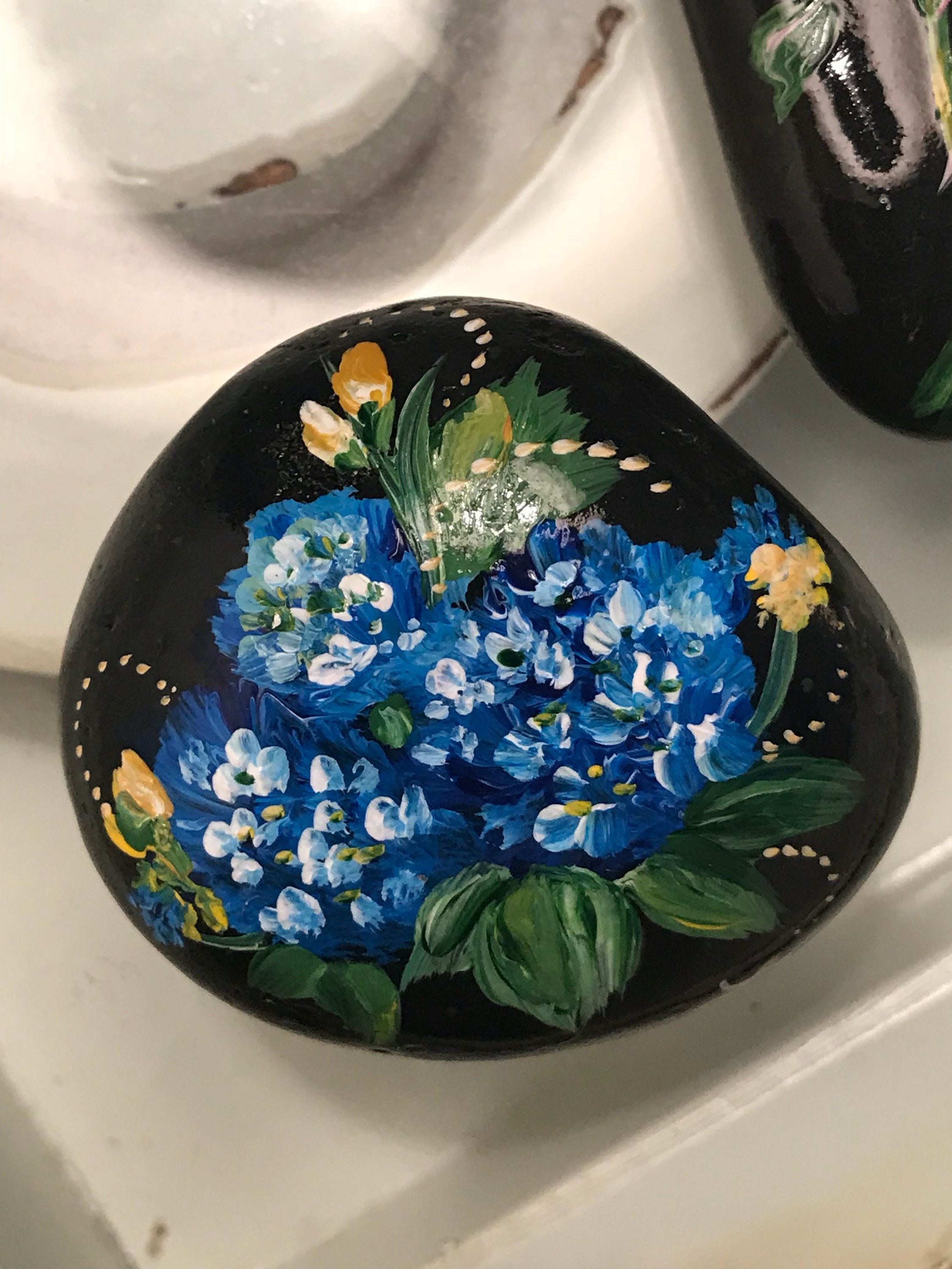Painted Rocks, Flowers on Rocks, Rose Painted Rock, Blue Hydrangeas ...
