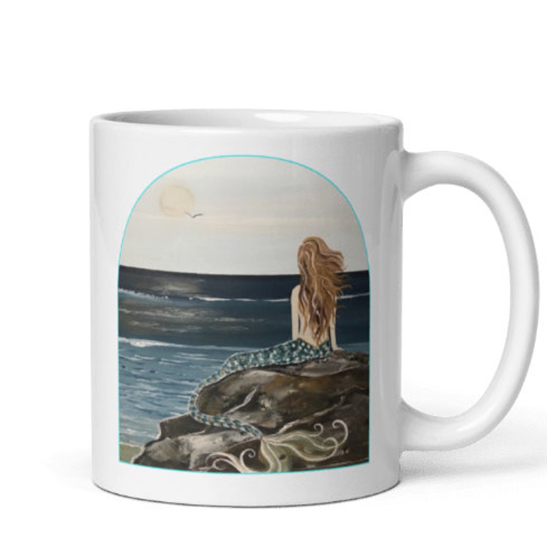 Mermaid Mug Beach Scene Mermaid on the Rocks Gazing at Sunrise, Coffee ...