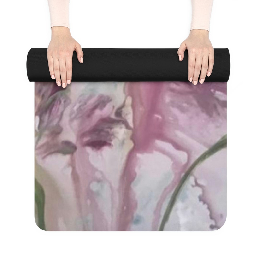 Pink Watercolor Floral Rubber Yoga Mat Non Slip Stays Flat Vegan Suede ...