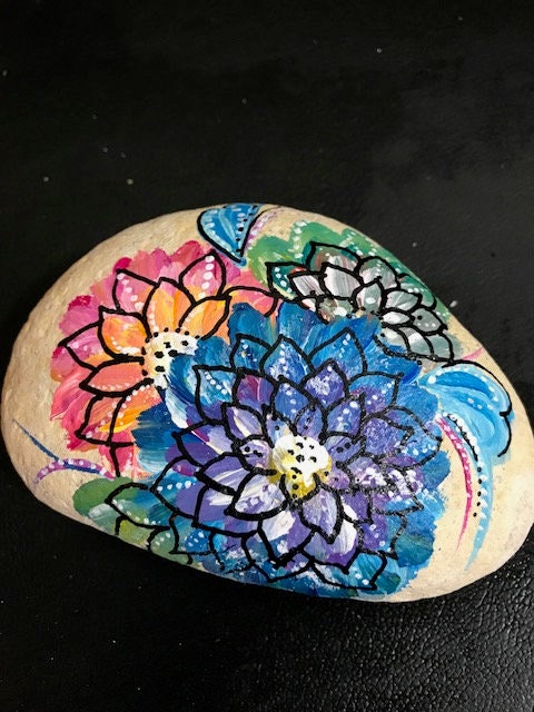 Painted Rocks, Boho Style Painted Rocks, Unique Flowers Painted on ...
