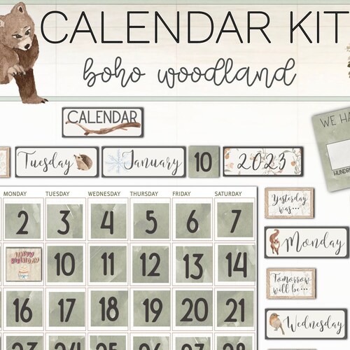 Calendar Elementary Classroom Decor Bundle Boho Woodland - Etsy