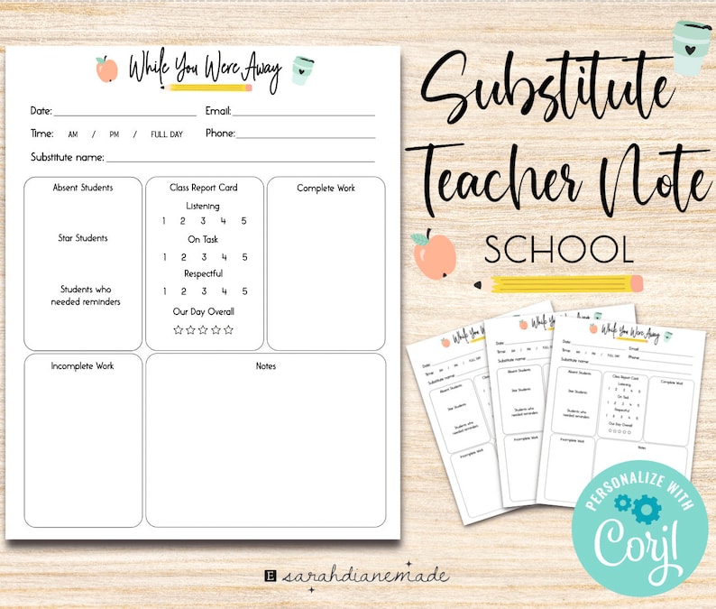 Substitute Teacher Feedback Form: Minimalist School Note (digital ...