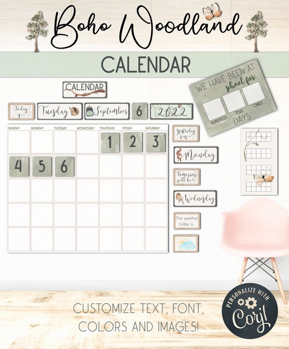 Calendar Elementary Classroom Decor Bundle Boho Woodland - Etsy