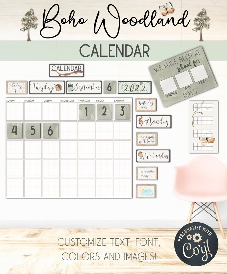 Calendar Elementary Classroom Decor Bundle Boho Woodland - Etsy