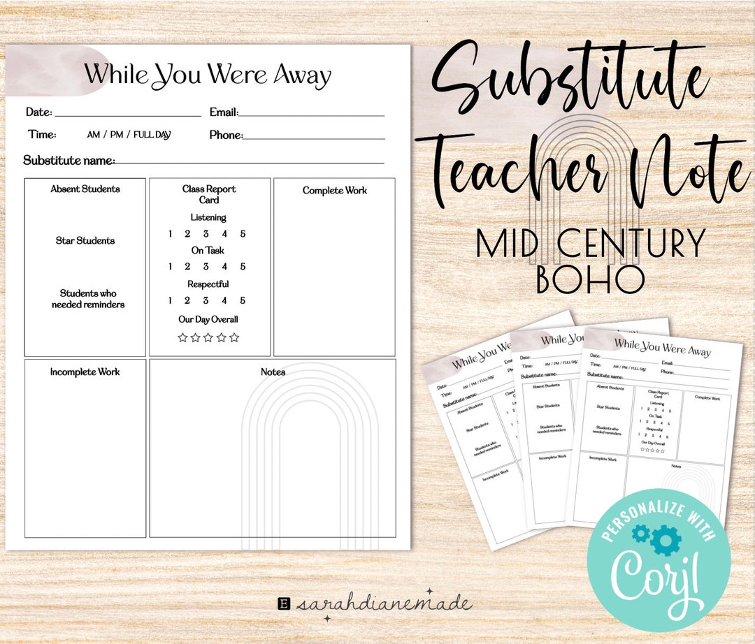 Substitute Teacher Feedback Form: Boho Minimalist Template (digital ...