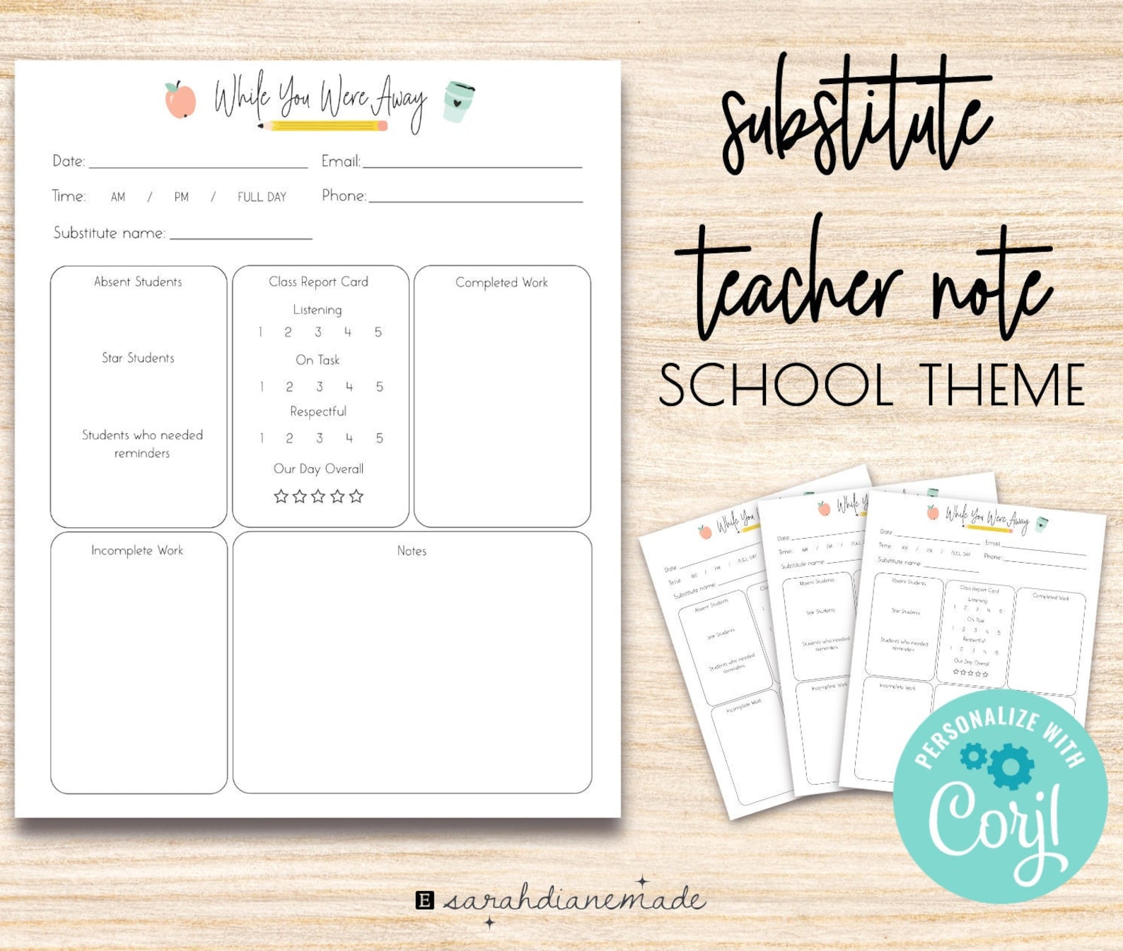 Substitute Teacher Note Feedback Form Template While You - Etsy