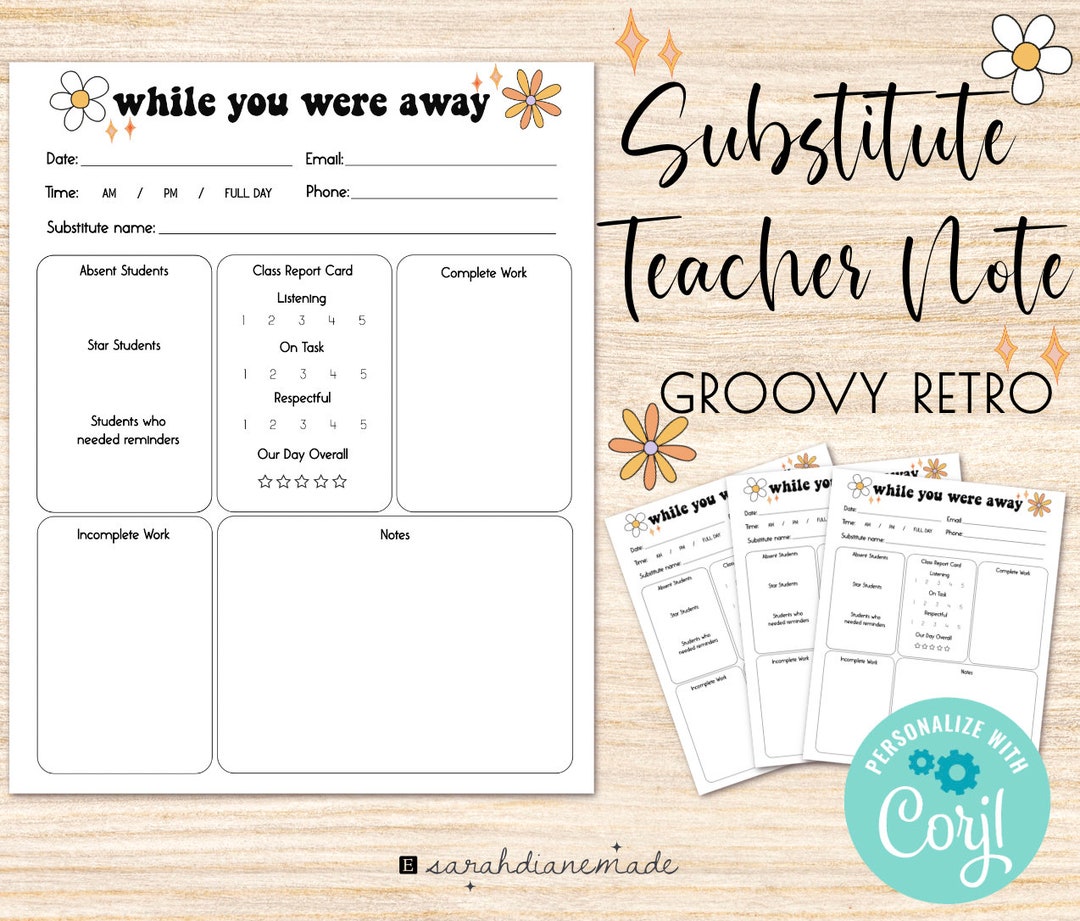 Groovy Retro Substitute Teacher Note Feedback Form (digital Download ...