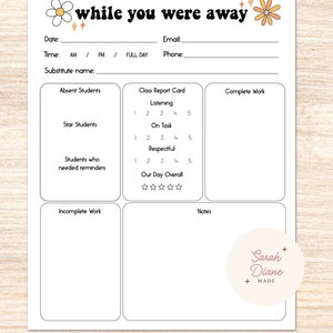 Groovy Retro Substitute Teacher Note Feedback Form (digital Download ...