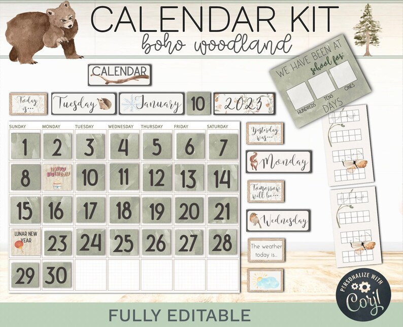 Calendar Elementary Classroom Decor Bundle Boho Woodland - Etsy