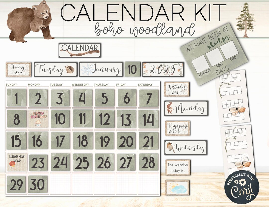 Calendar | Elementary Classroom Decor Bundle | Boho Woodland Theme ...