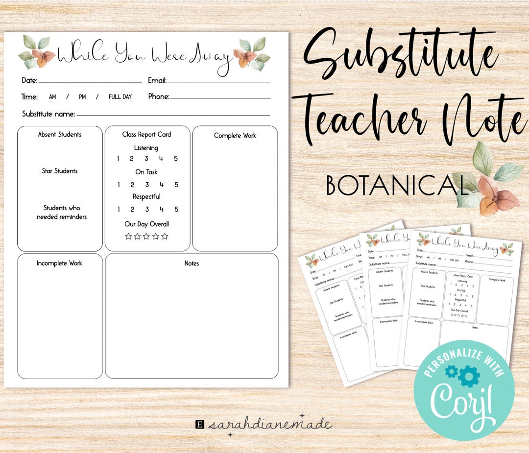 Botanical Substitute Teacher Note Template (digital Download) - Etsy