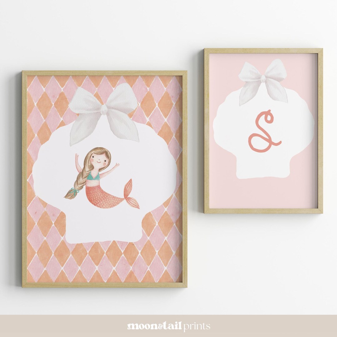 Mermaid Nursery Art: Pink Watercolor Shell, Initial Print (digital ...
