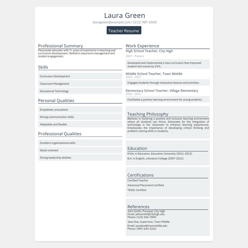 Customizable Teacher Resume Template Editable CV for Educators ...