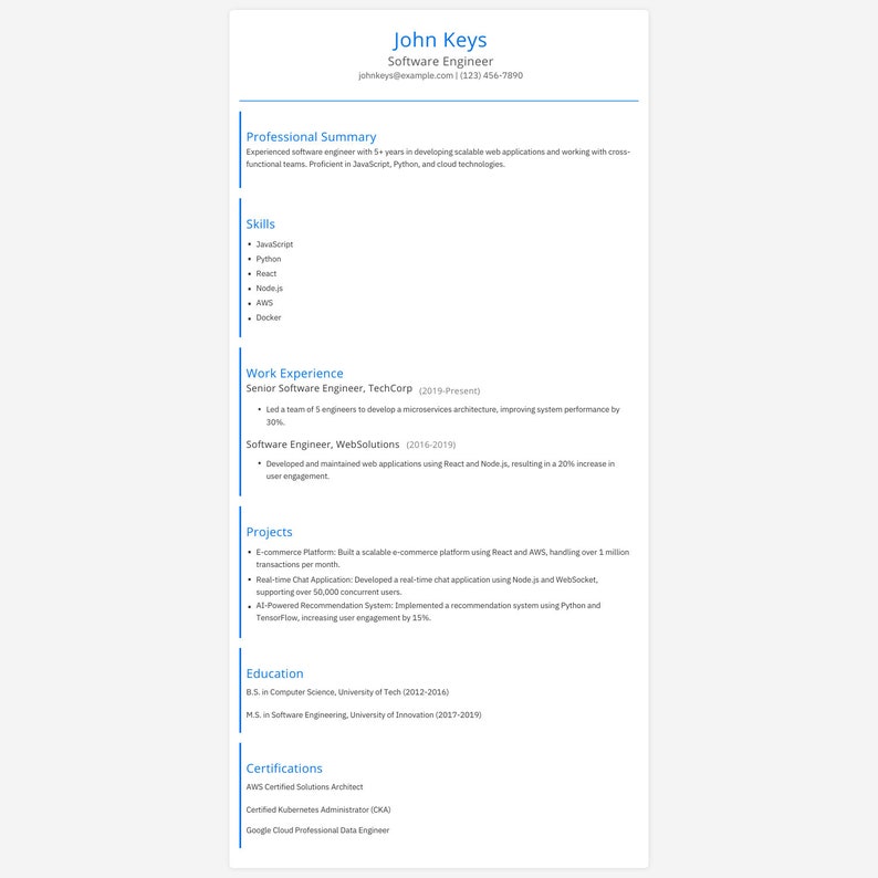 Customizable Resume/cv Template for Software Engineers Html and CSS ...