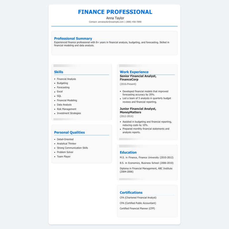 Customizable Finance Resume/cv Template Professional HTML/CSS Design ...