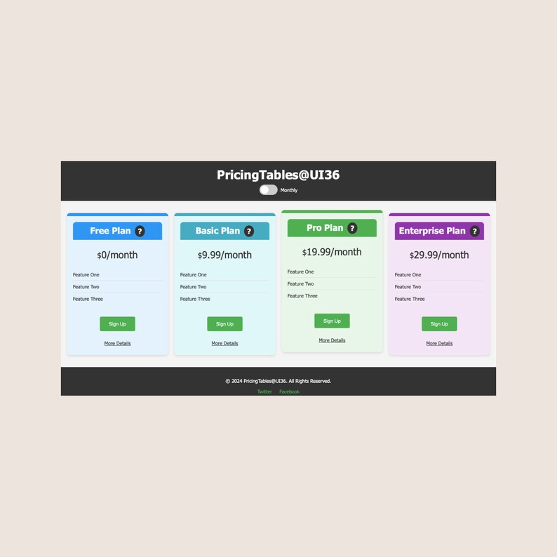 Customizable Pricing Table UI Template HTML & CSS Web Design Pre-made ...