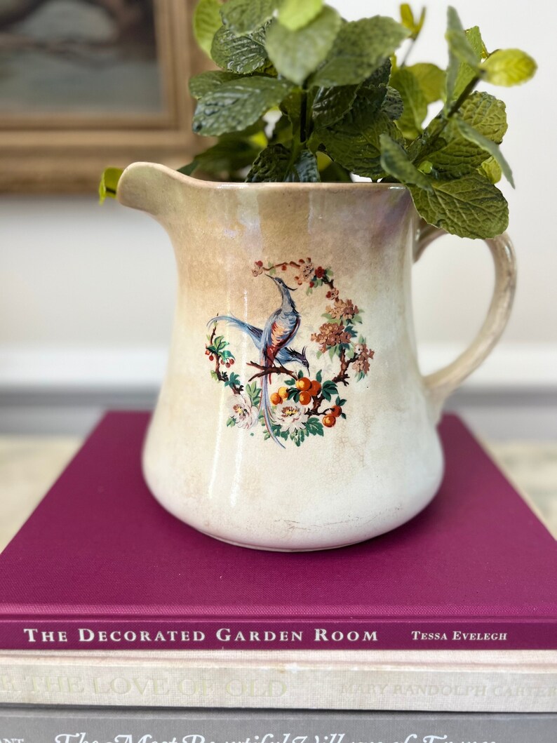 Rustic Ceramic Pitcher With Exotic Bird, Cherry Blossoms, and Fruit ...
