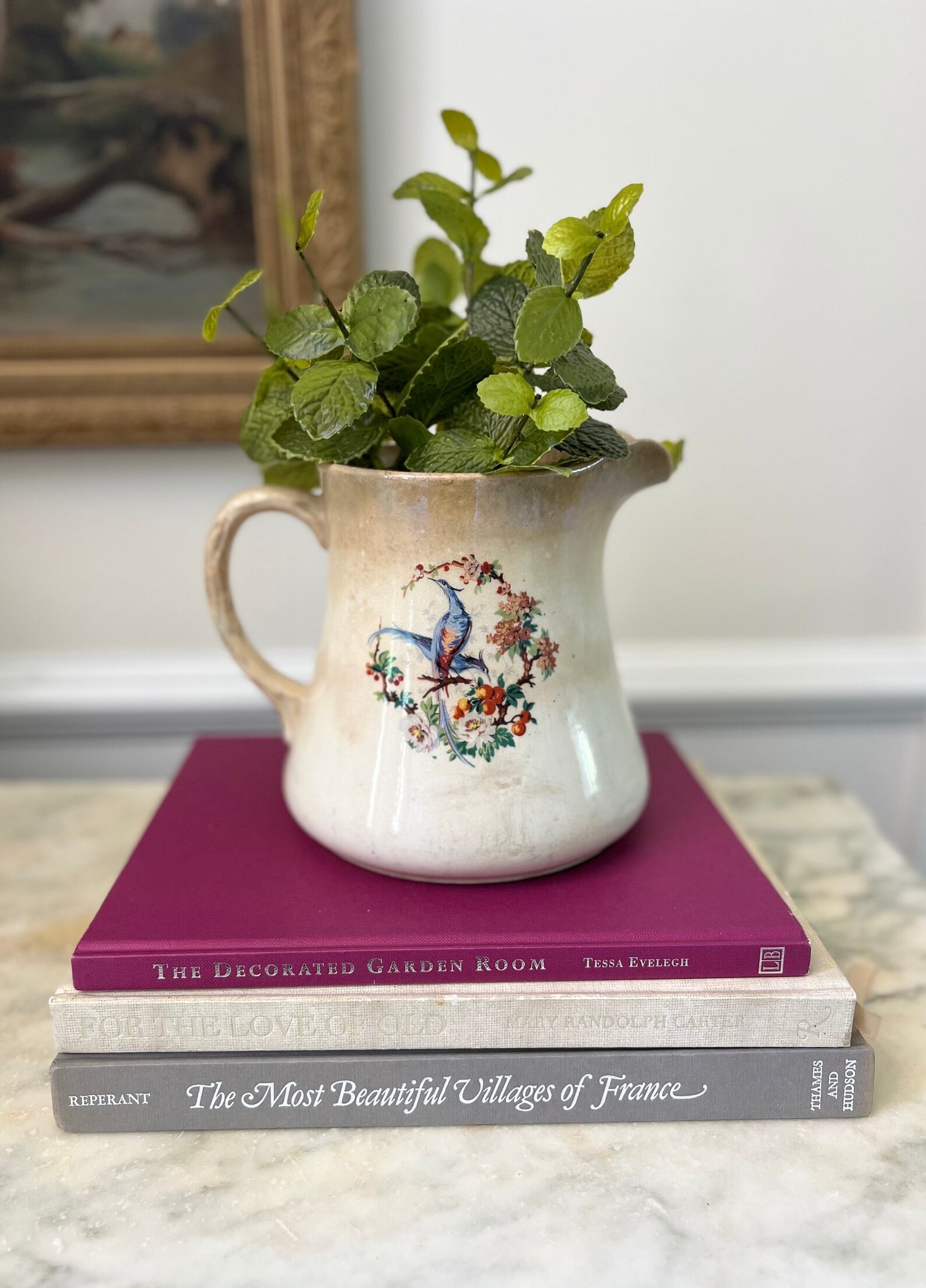 Rustic Ceramic Pitcher With Exotic Bird, Cherry Blossoms, and Fruit ...