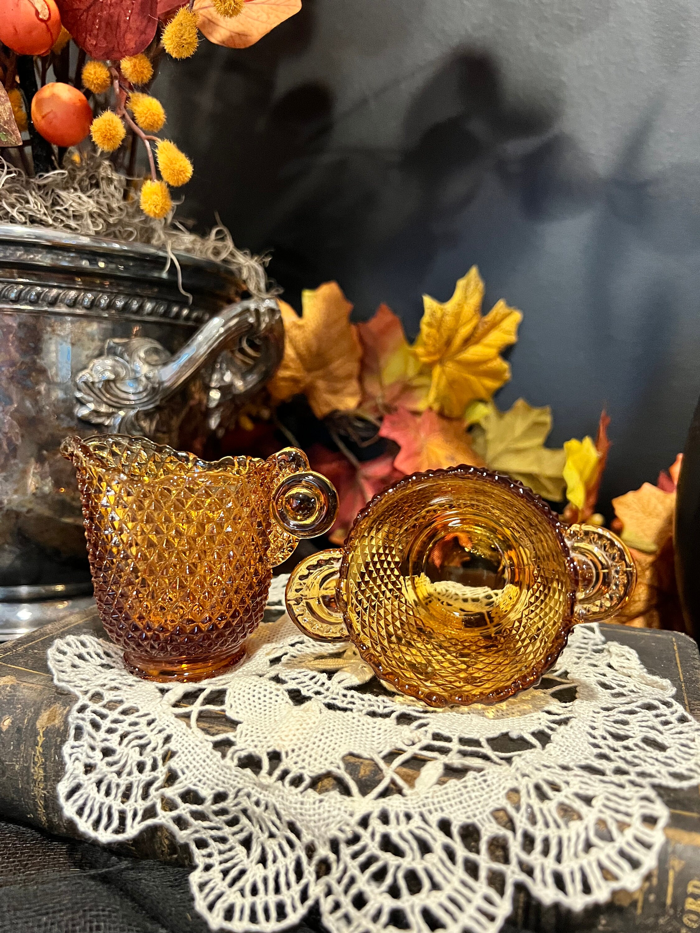 Amber Glass 1960s Sugar and Cream Set Diamond Point - Etsy