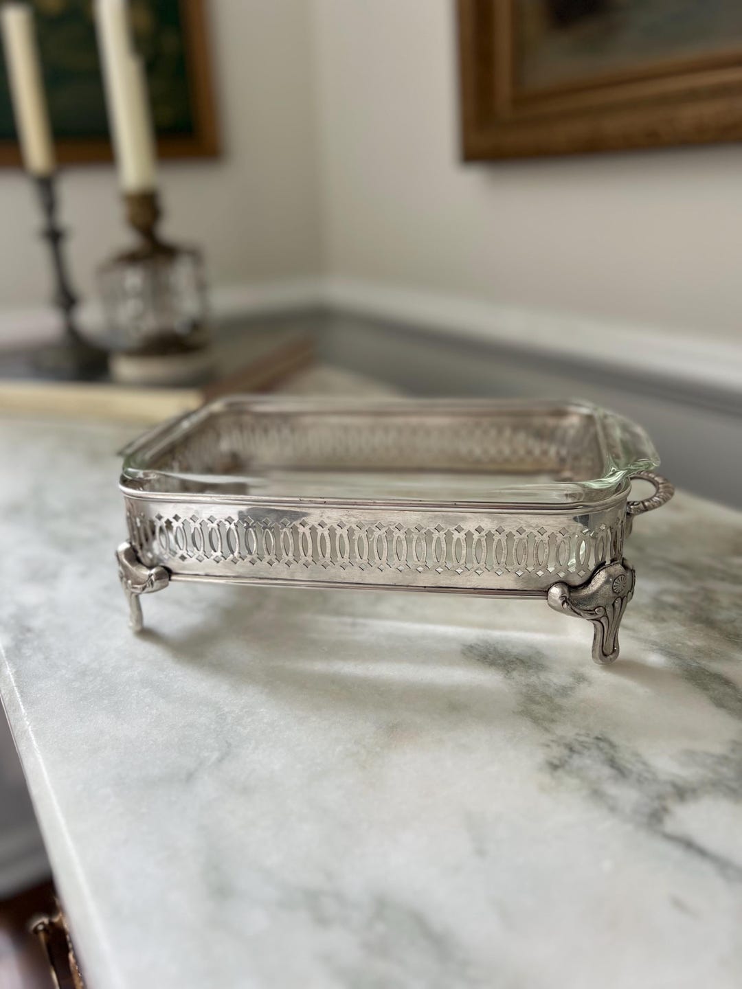 Silver Plate Casserole Holder With Glass 1 Quart 5” X 6” Anchor Hocking ...