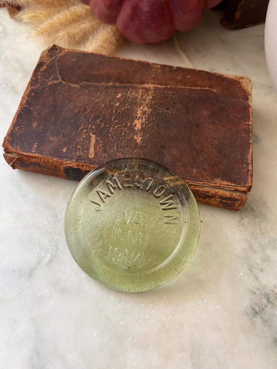 Vintage Green Glass Paperweight - Jamestown VA - 1608-1984 - Americana ...
