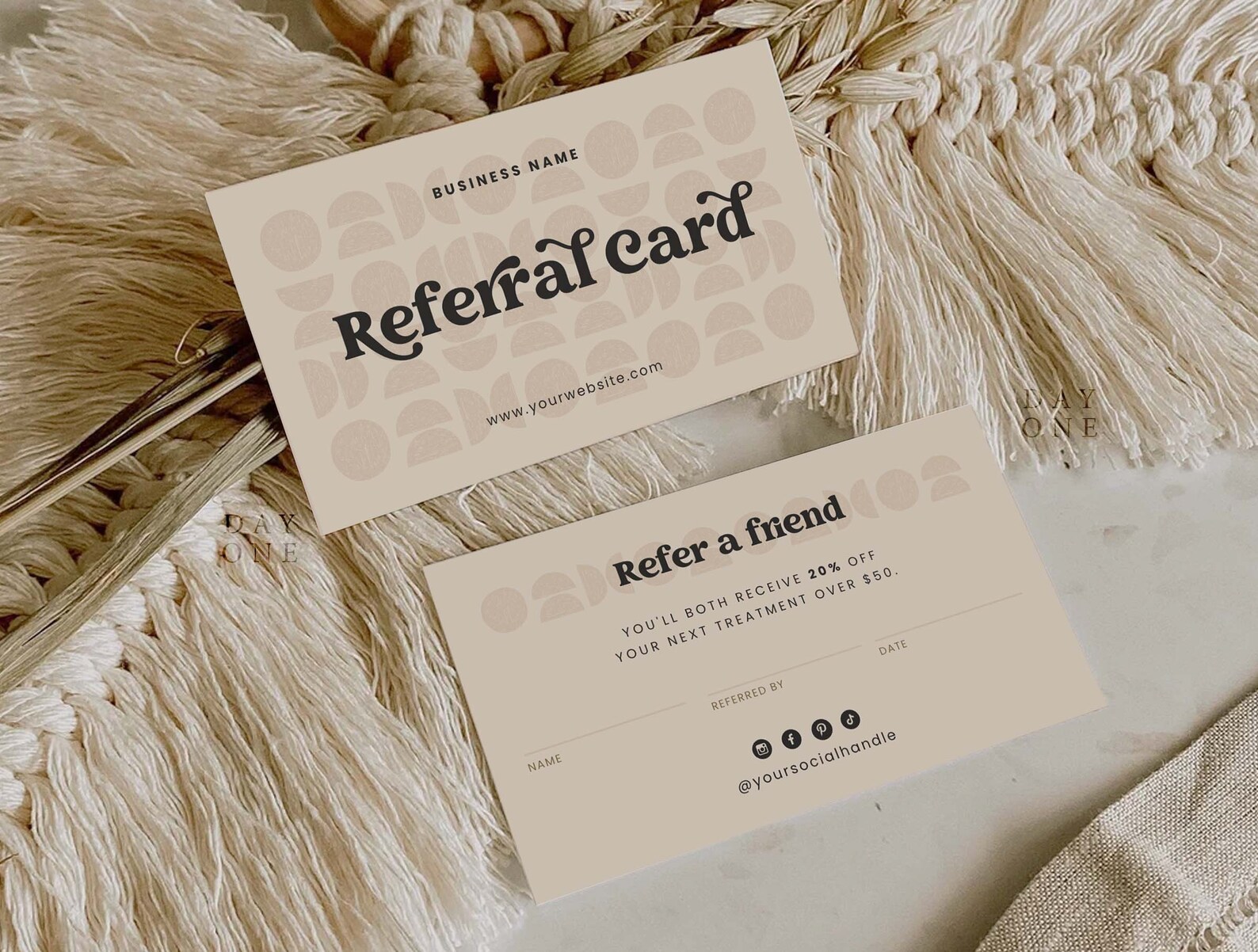 Boho Refer a Friend Card Template, Chic Feminine Small Business Branding, Printable Beauty Salon ...
