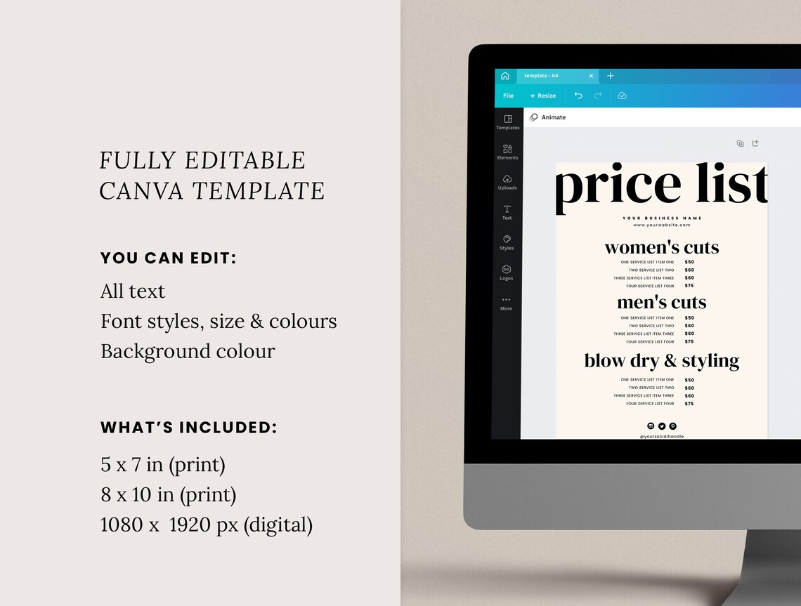 Digital Price List Template Canva, Editable List of Services, Beauty ...