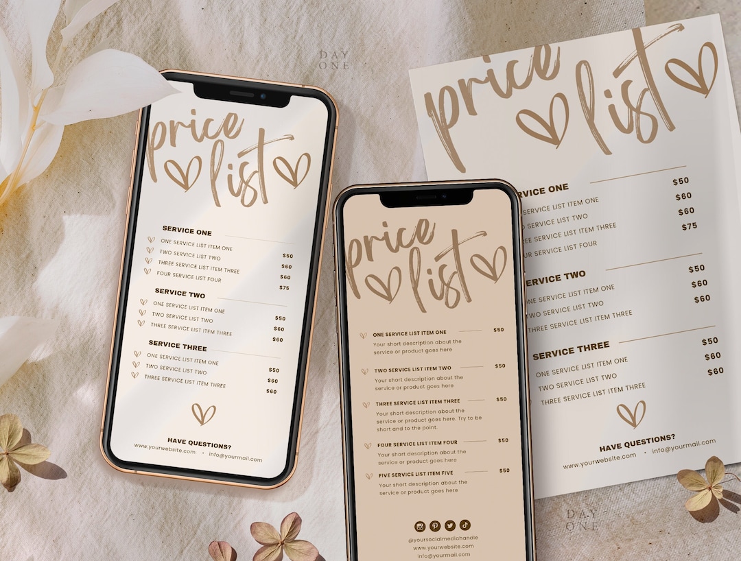 Digital Price List Template Canva, Boho Service & Product Menu, Custom ...